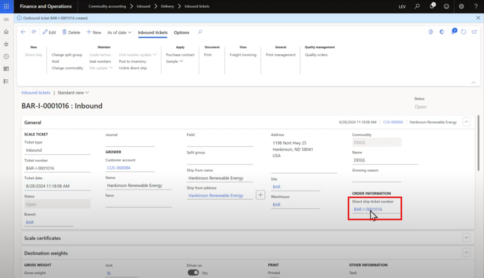 Direct Ship Option on Inbound Scale Tickets - Levridge